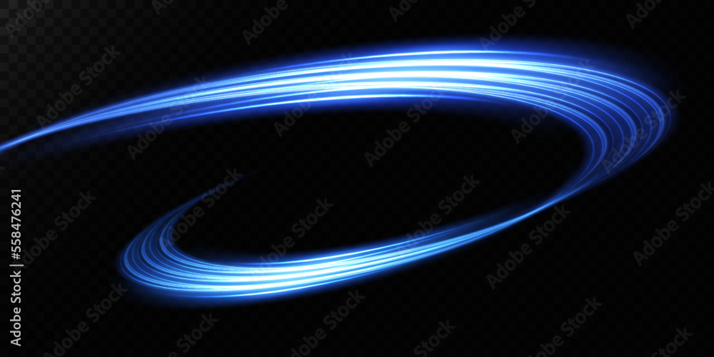 Set of abstract light lines of movement and speed. light blue ellipse ...