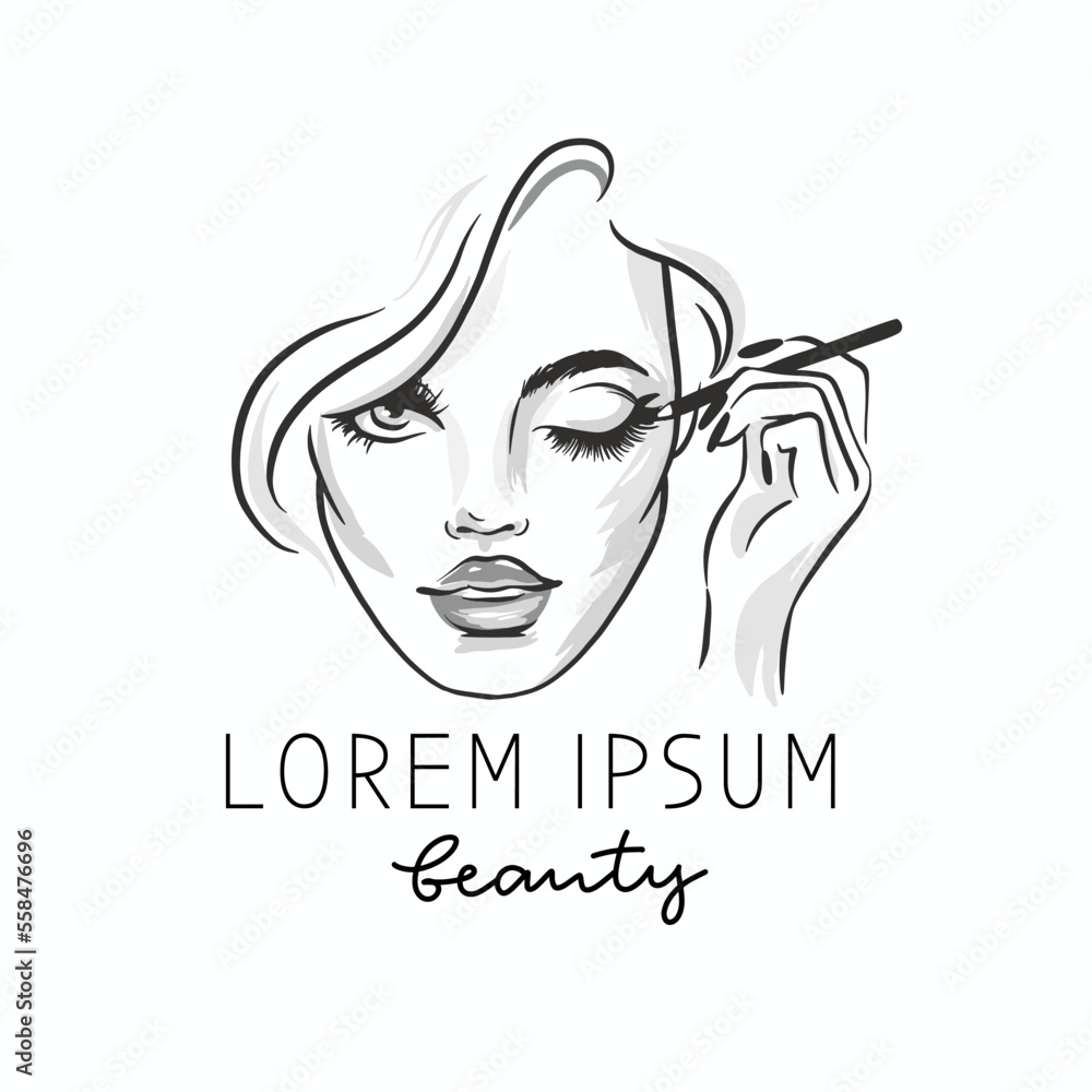 Beautiful young girl making eye make up. Vector hand drawn illustration ...