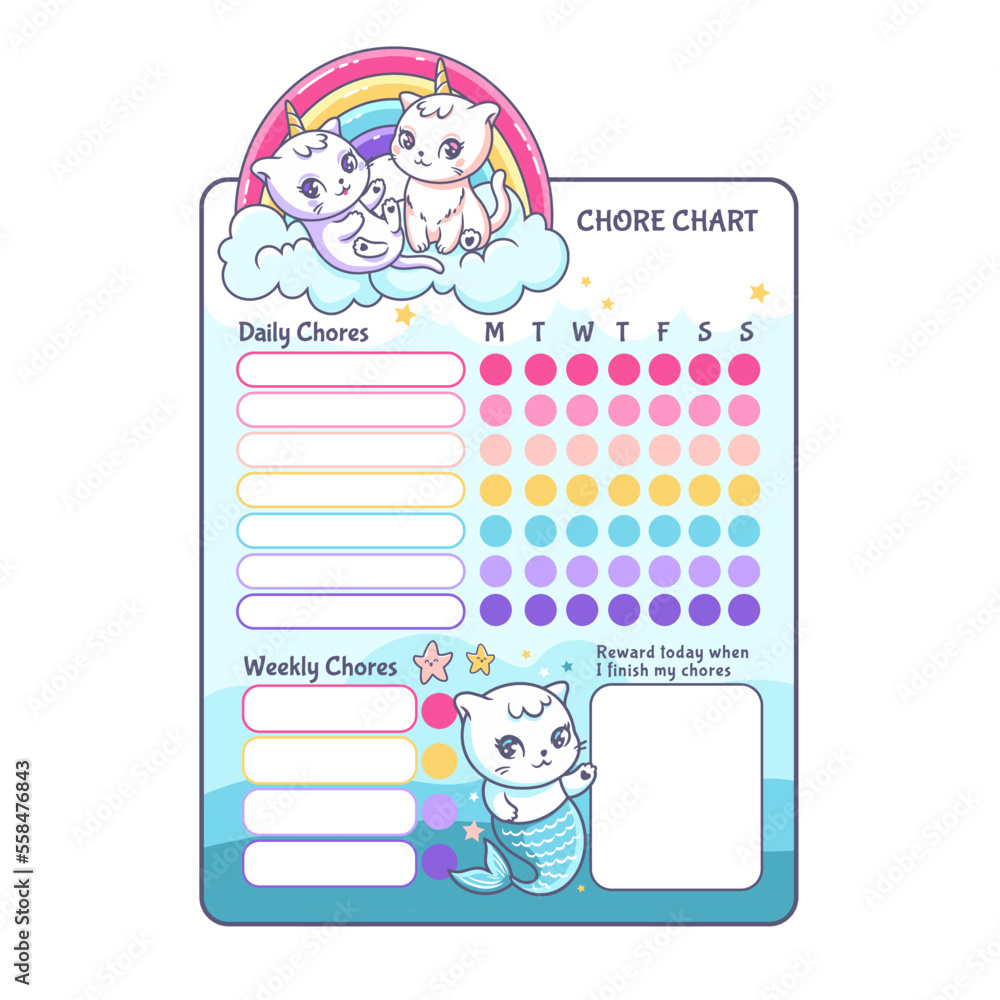 Chore chart template with cute cat characters. Vector hand drawn ...