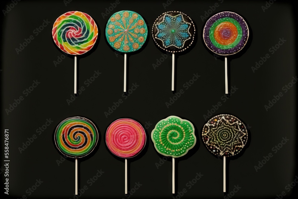 a group of lollipops sitting on top of a black table next to a black ...