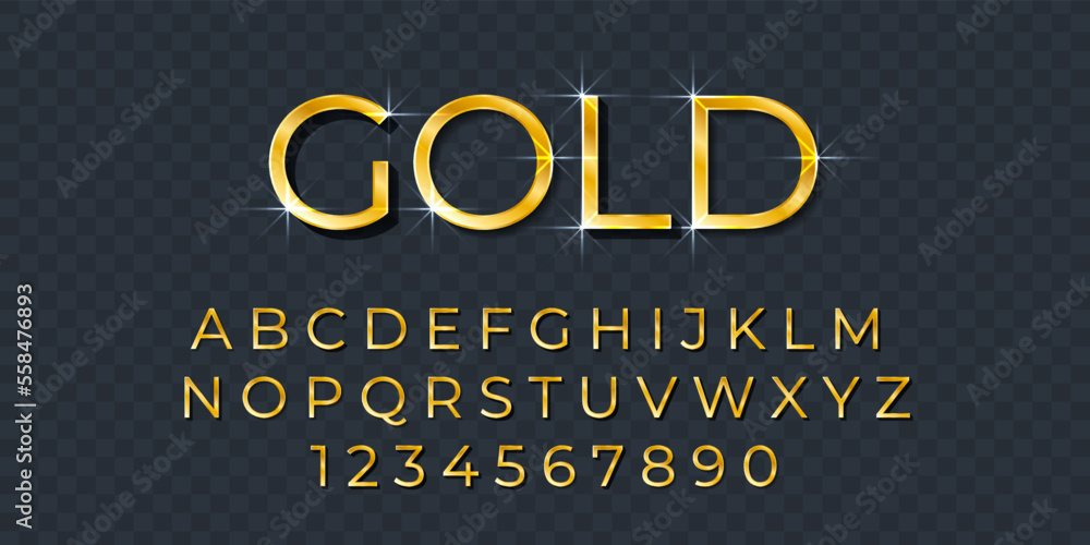 Golden letters and numbers. Gold alphabet and font on a transparent ...