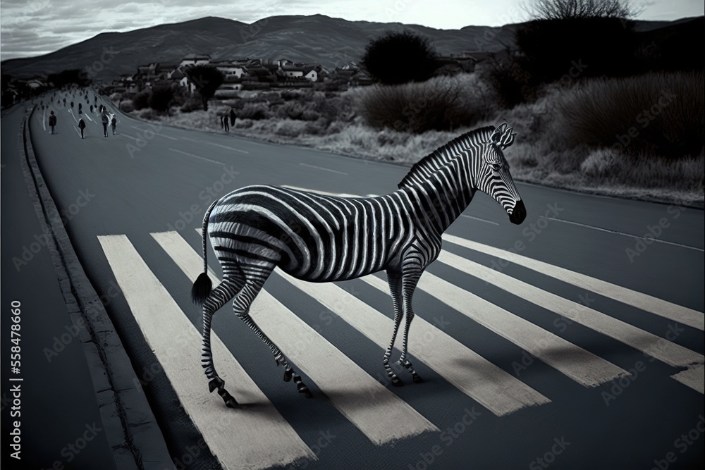 Crosswalk made of zebra with zebra on it, created with Generative AI technology Stock ...