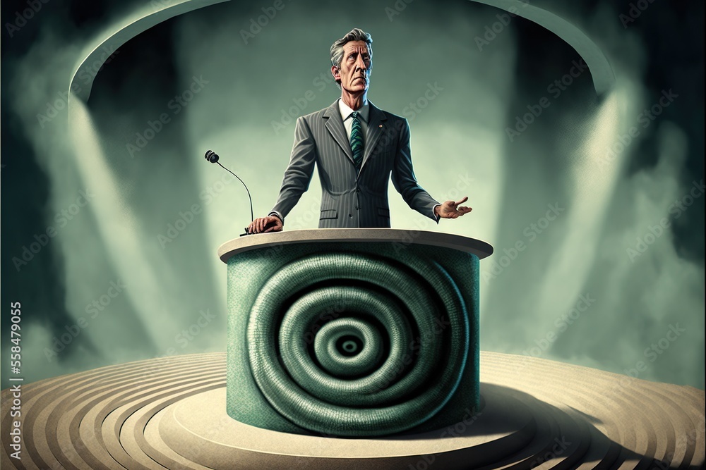 Politician on the podium with a hypnotic coil in hand, concept of ...