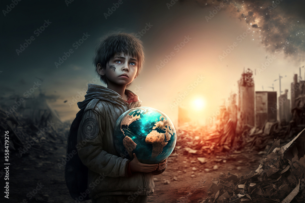 Renewed sense of hope for humanity. Young boy holds Earth globe while ...