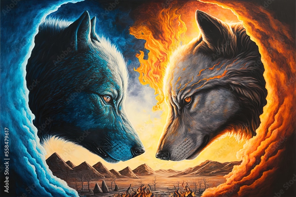 "Old Cherokee Story: An AI Generated Illustration of Two Wolves in Oil ...