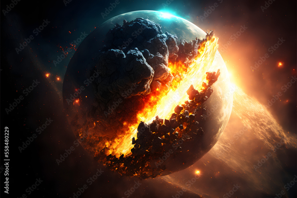 Meteor Planet Impact On Earth, Asteroid on fire exploding in collision ...