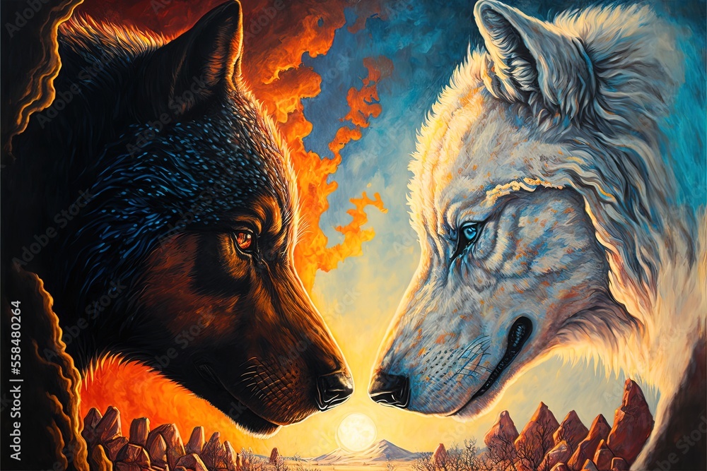 "Old Cherokee Story: An AI Generated Illustration of Two Wolves in Oil ...