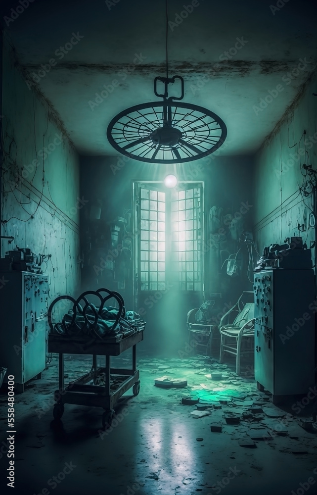 Naklejka Green misty ghostly old hospital interior room with operating ...