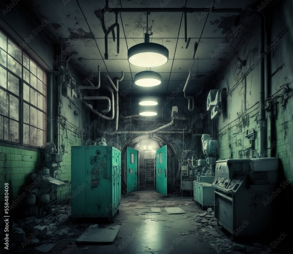 Ghostly old hospital interior room with operating equipment. Rubble and ...