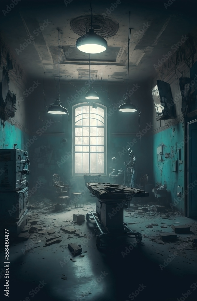 Abandoned old hospital. Broken and dirty operating room. morgue table ...