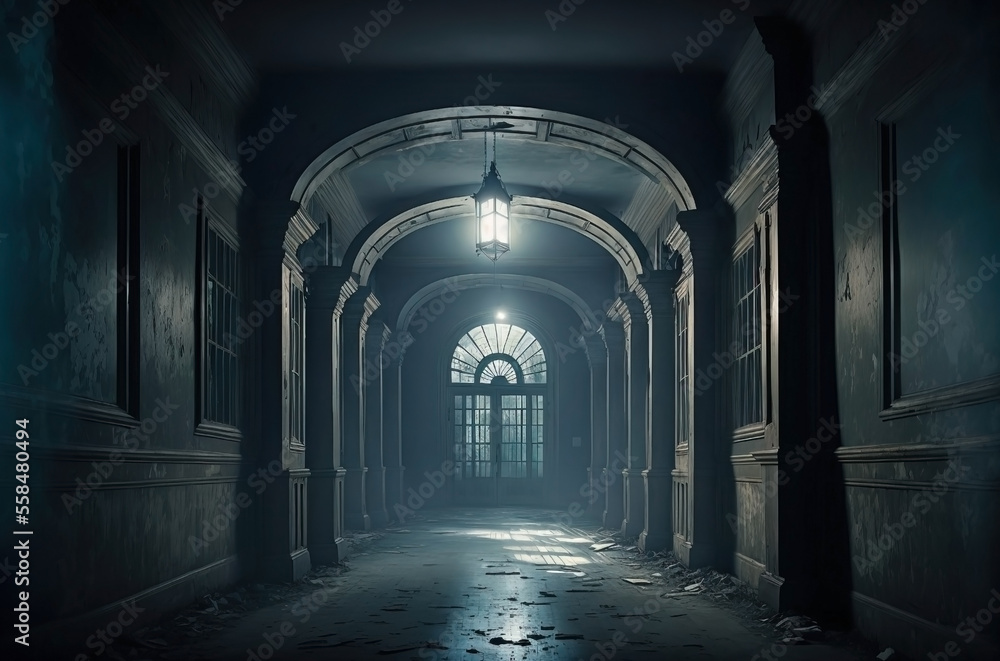 Horror hallway of an abandoned spooky manor interior. Dim light with ...