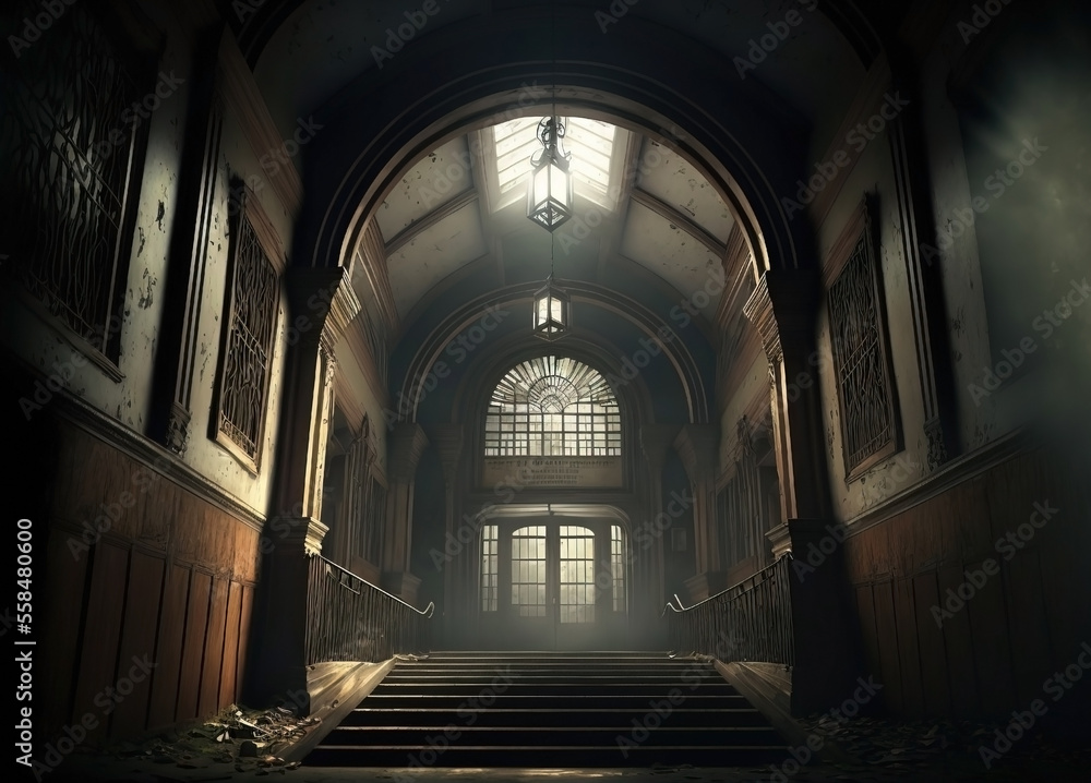 Spooky Victoria ghost mansion interior. Arched door and hallway. Mist ...