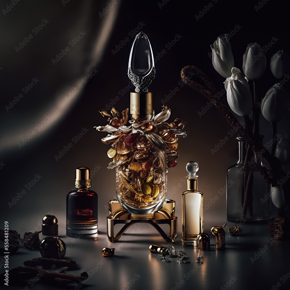 Transparent caramel cone-shaped flacon of beautiful feminine perfume ...