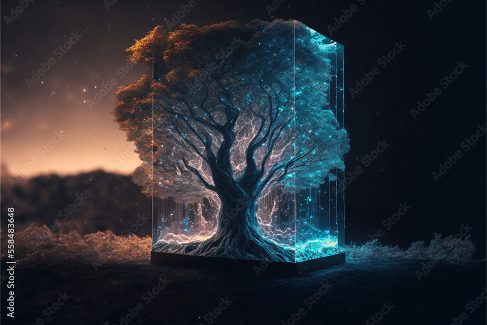 Digital growth and sustainability concept with tree and computer ...