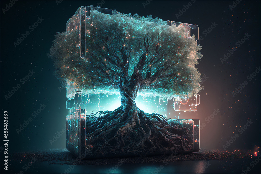 Digital growth and sustainability concept with tree and computer ...