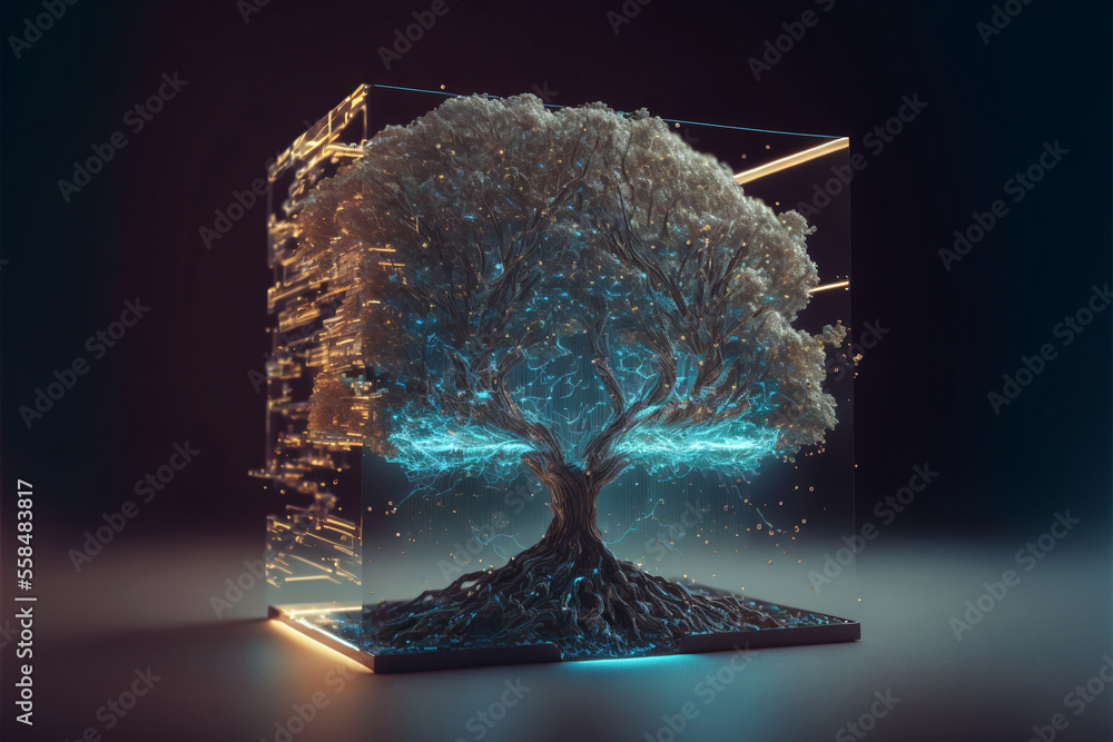Digital growth and sustainability concept with tree and computer ...