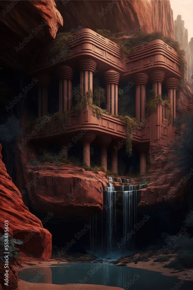 4K resolution or higher, terracotta styled fallingwater engulfed in ...