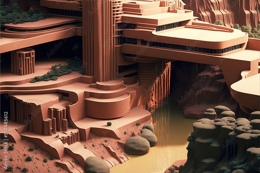 4K resolution or higher, terracotta styled fallingwater engulfed in ...