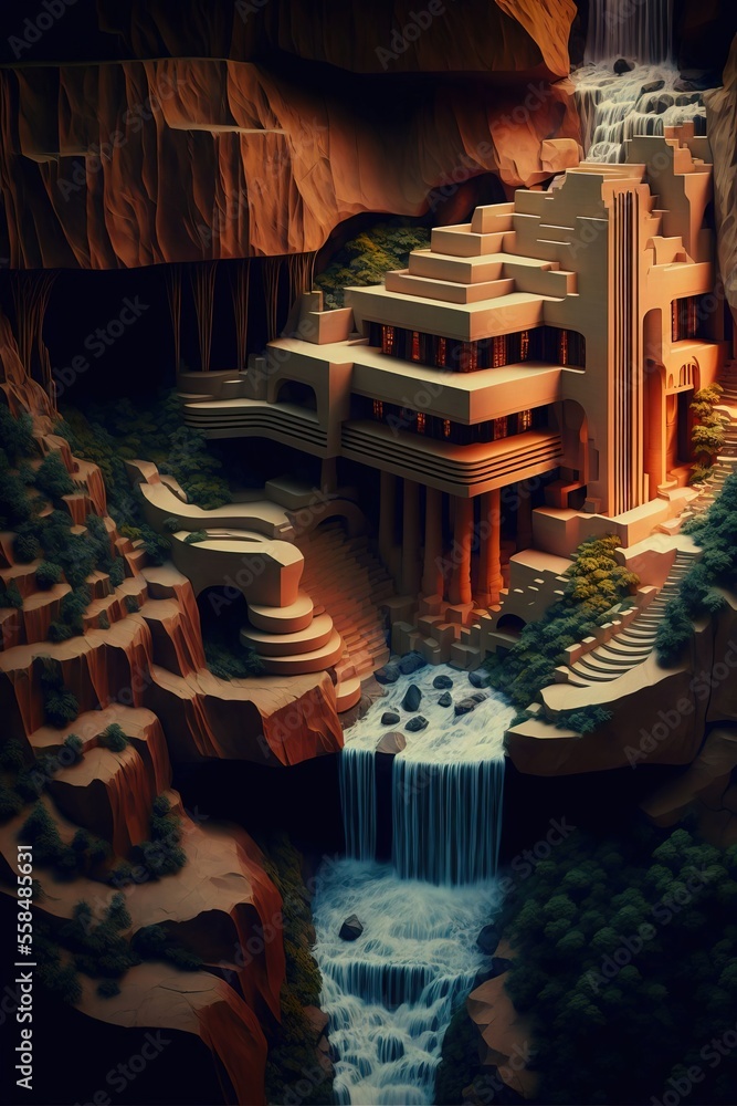 4K resolution or higher, terracotta styled fallingwater engulfed in ...