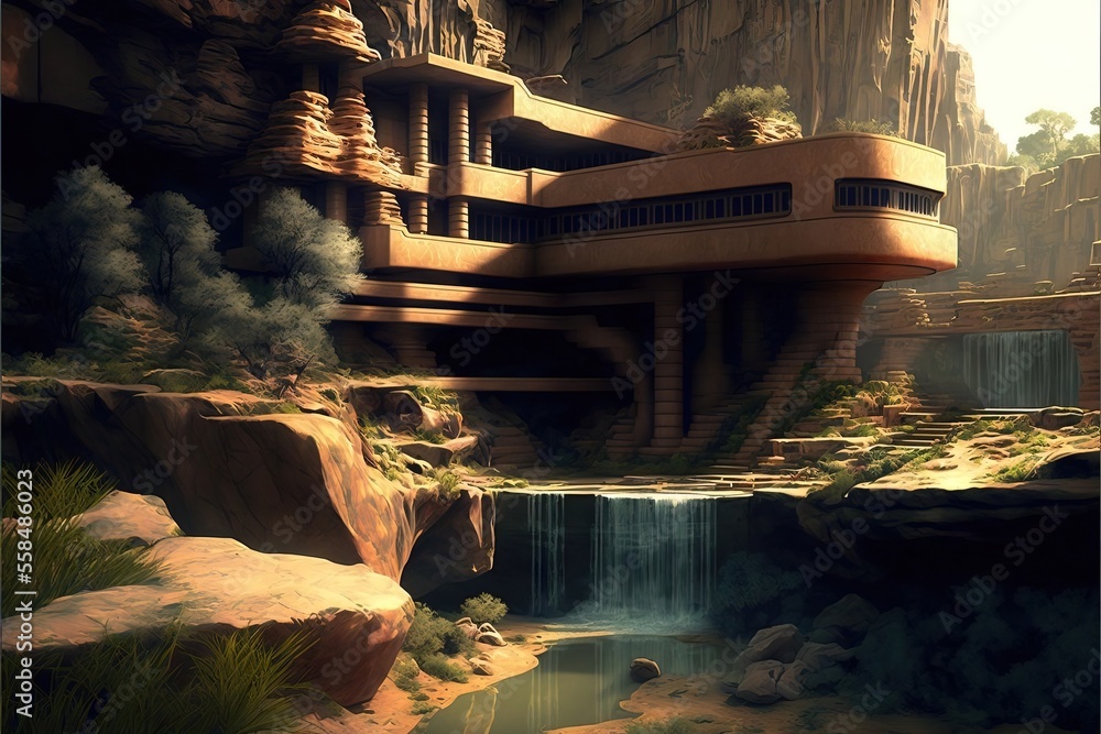 4K resolution or higher, terracotta styled fallingwater engulfed in ...