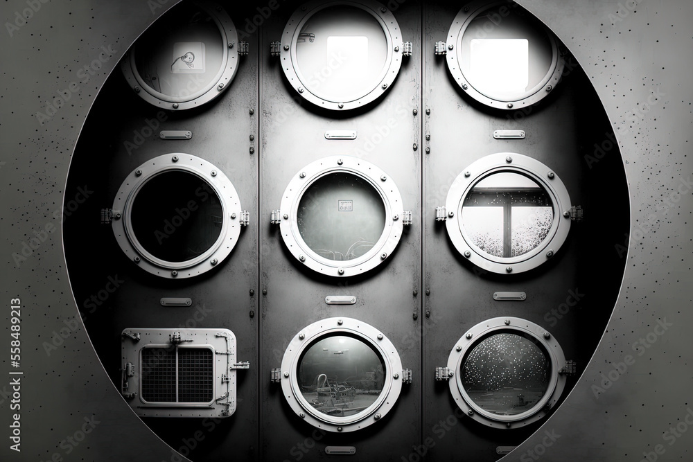 metal doors and portholes in a bunker, lab, or spacecraft. circular ...