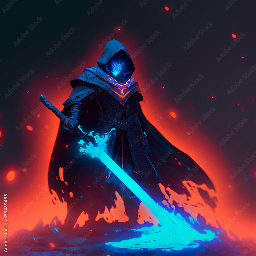 Mysterious black knight with a flaming sword in anime style. High ...