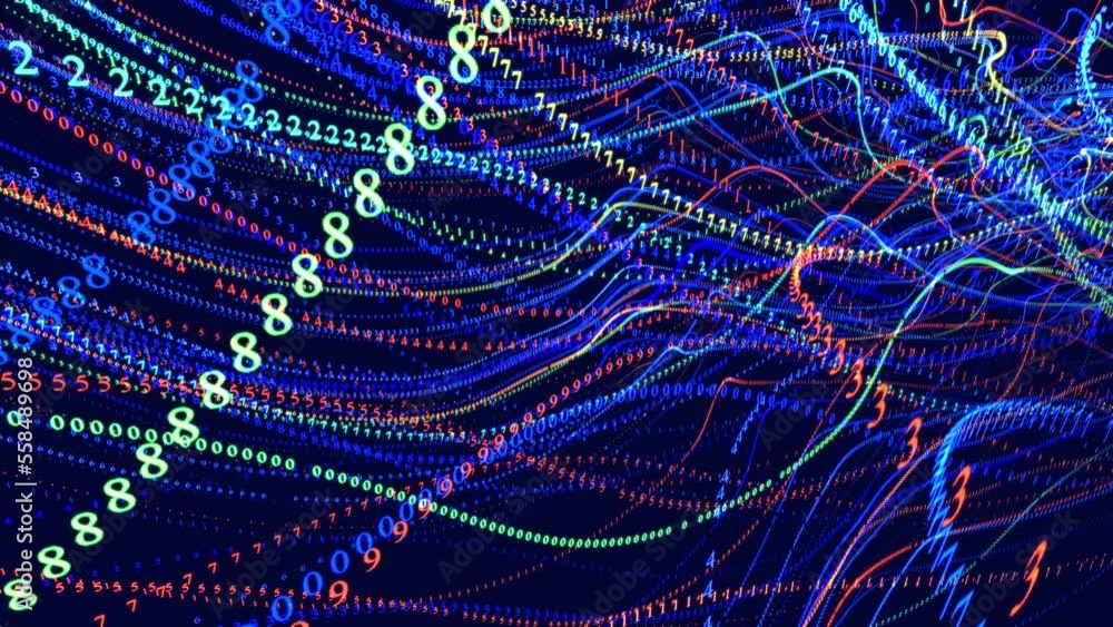 digital waves. Vj loop hologram abstract bg. Symbols form lines, grid, strings. Information ...