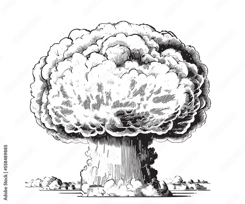 Nuclear power explosion atomic mushroom hand drawn sketch Vector ...
