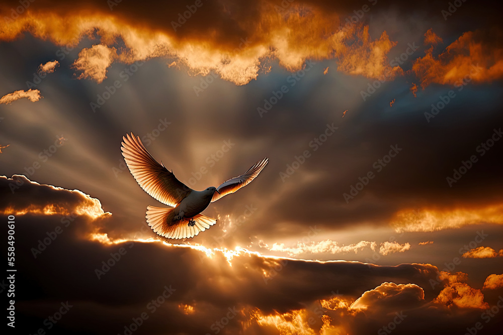 sunset with the light breaking through the clouds and sky, and a white ...