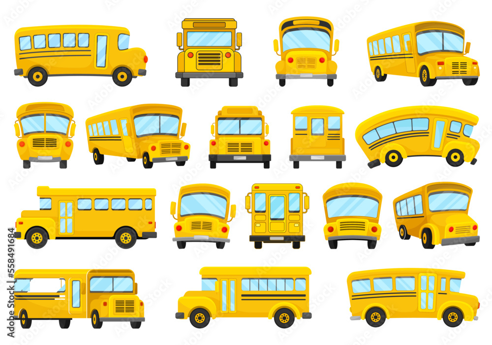 Set of yellow school buses. School transport viewed from different ...
