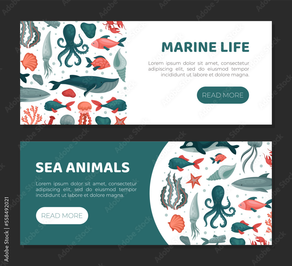 Marine life landing page templates set. Sea animals, underwater wild ...