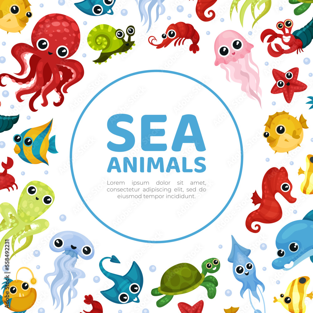 Sea animals banner. Cute funny bright sea creatures of underwater world ...