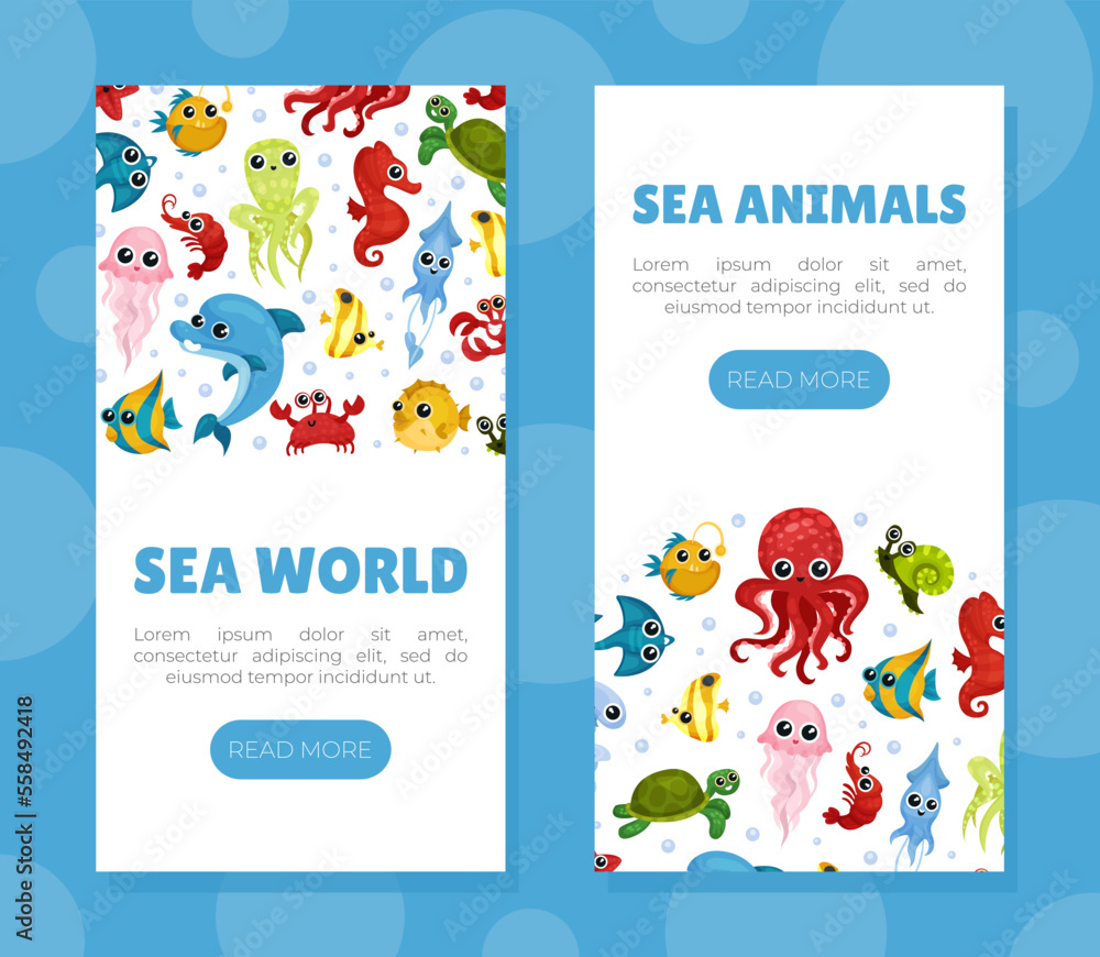Sea world mobile app templates set. Sea animals, underwater world ...