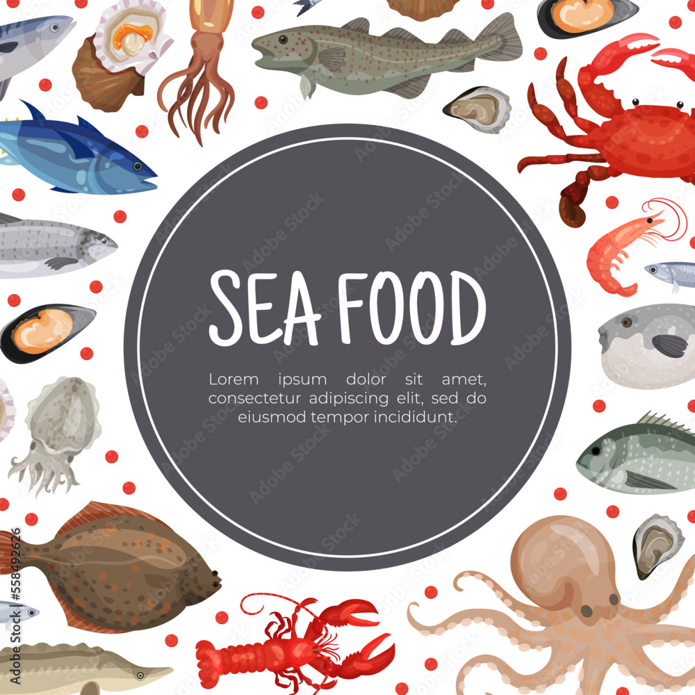 Sea food banner. Flounder, mussel, mackerel, lobster, oyster, octopus ...