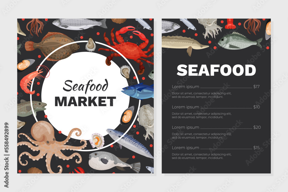 Seafood market menu template set. Fresh seafood restaurant, market ...