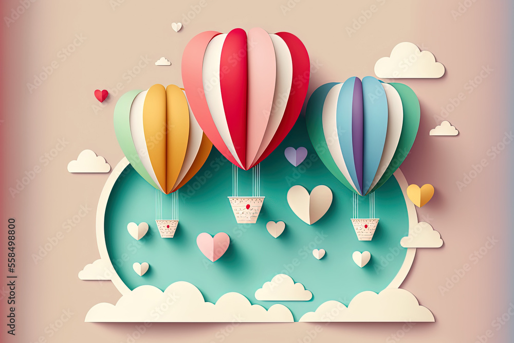 Heart shaped hot air balloons floating in the air against a backdrop of ...