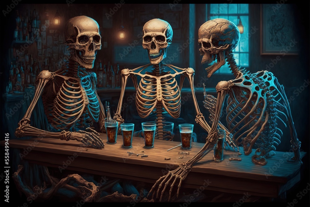 Bar full of drank skeletons, concept of dangerous parties, veneration ...