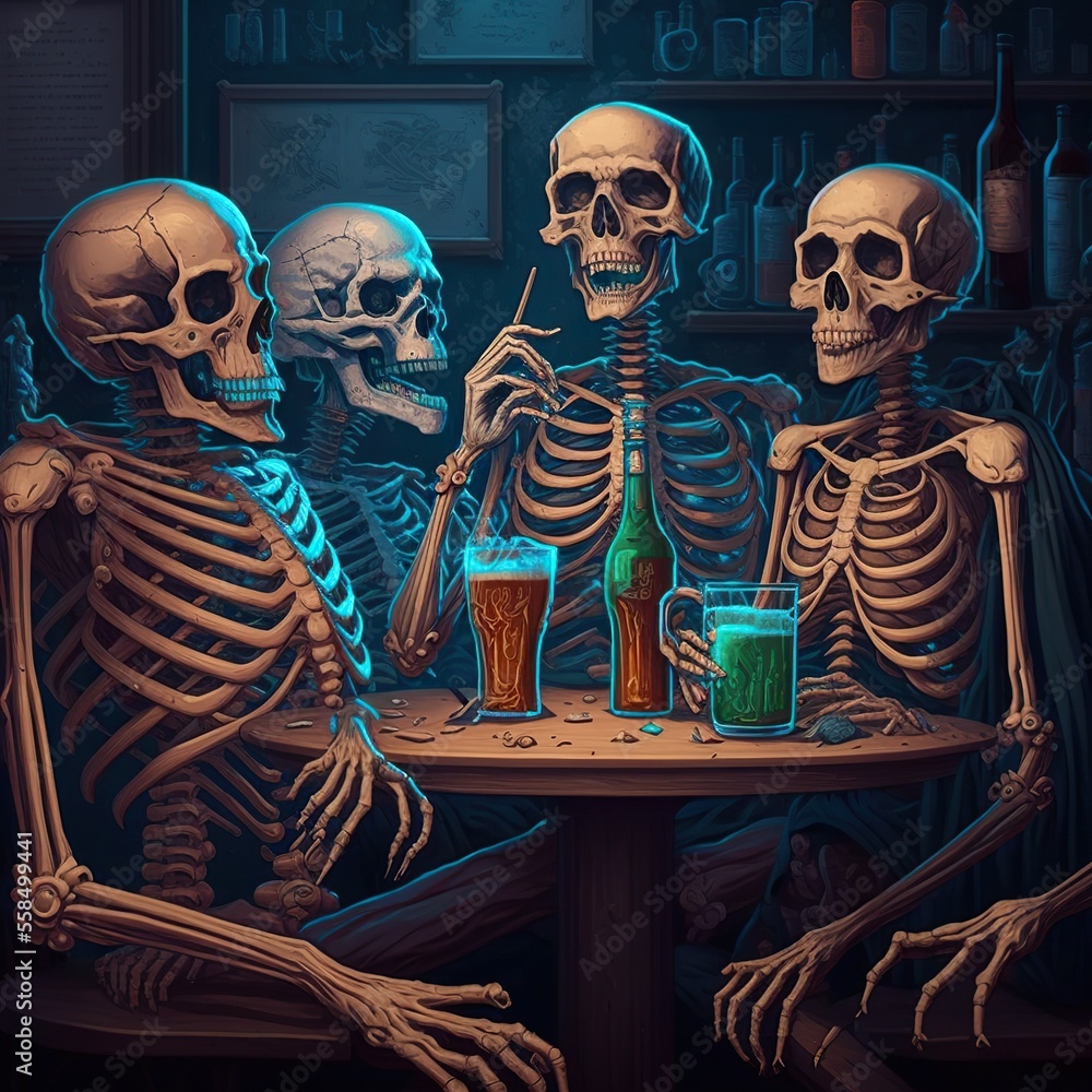 Bar full of drank skeletons, concept of dangerous parties, veneration ...