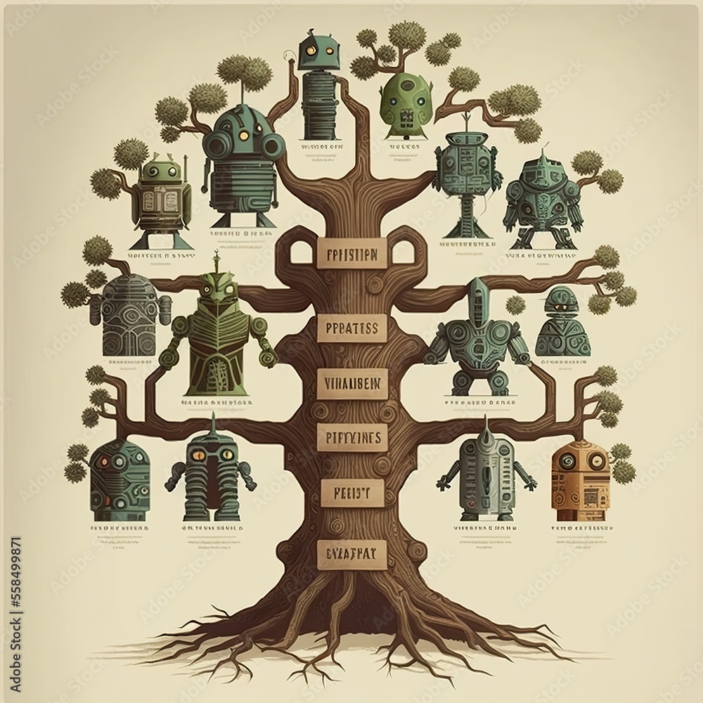 Photo & Art Print Genealogical tree of robots, concept of technology ...