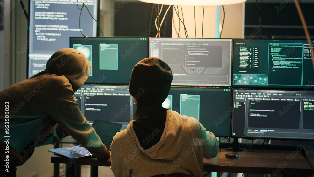 Fotka „Diverse criminals hacking security server with malware, working ...