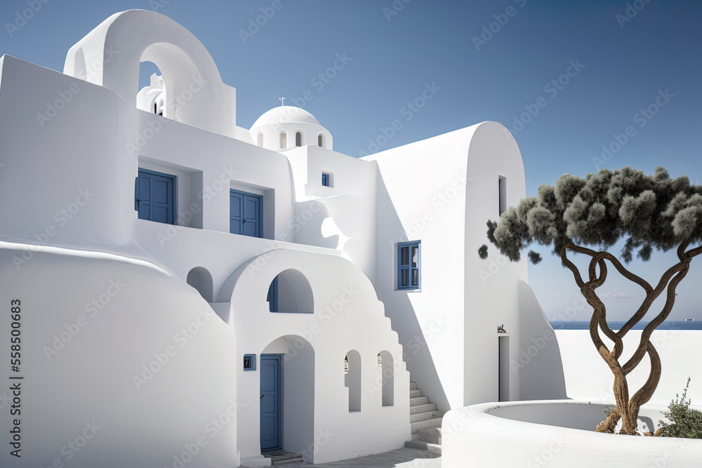 Traditional Greek architecture is in the foreground against minimalist structures. white ...