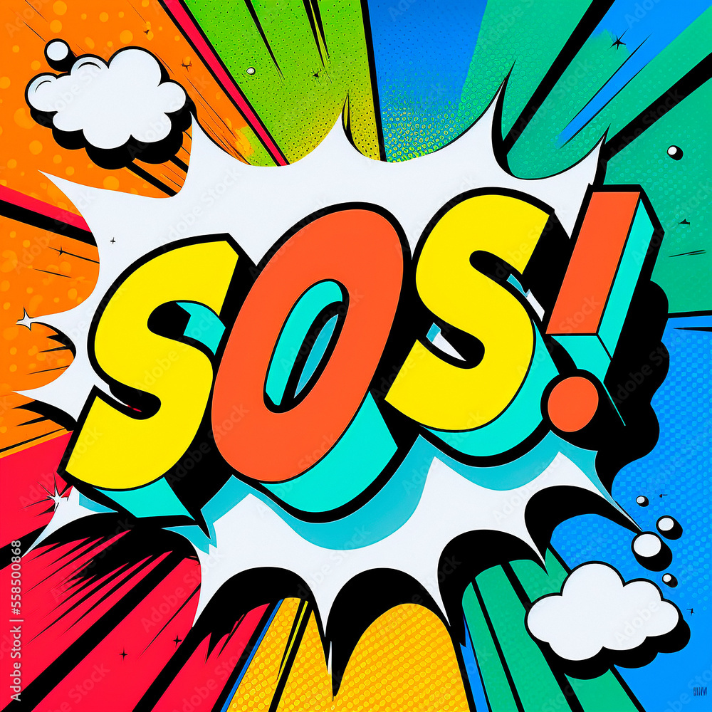 Cartoon sign of burst clouds with the word SOS. High quality ...