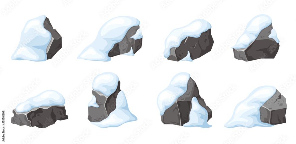 Set of stone and rock in snow. Snowy mountains in cartoon, heap of ...