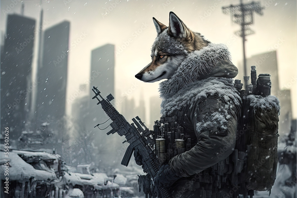 Wolf character as a human ruthless soldier hunter with a gun ...