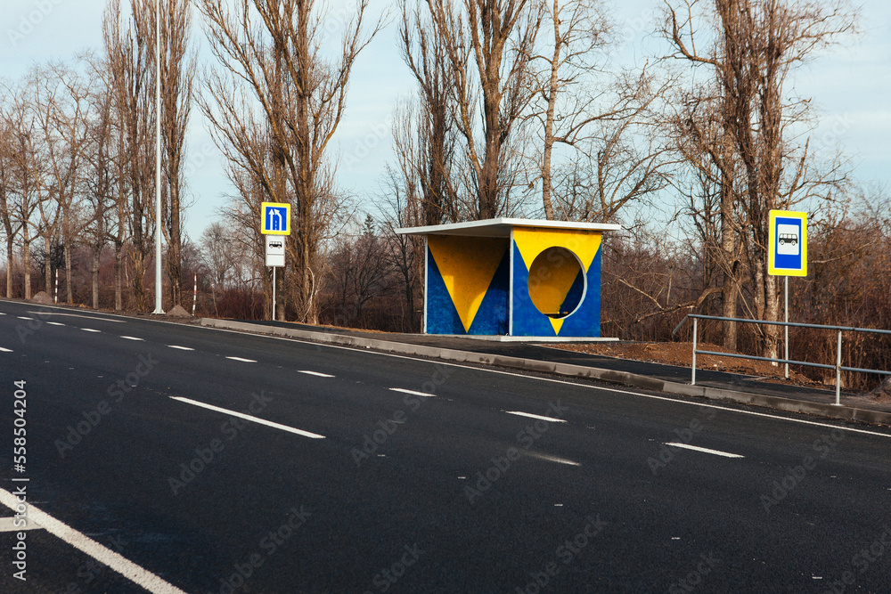New asphalt road with markings and road signs in the sun's rays Stock ...