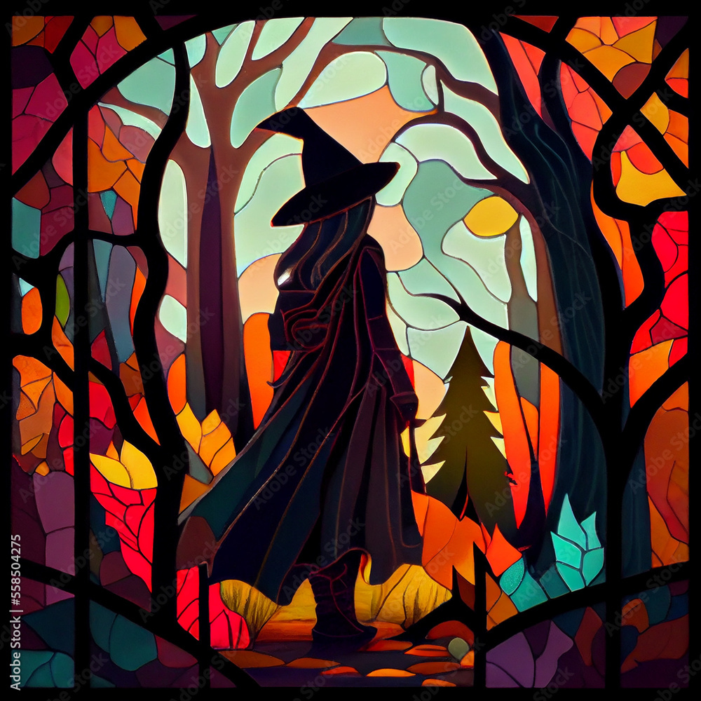 Stained glass design with witch wearing all black, generative ai Stock ...