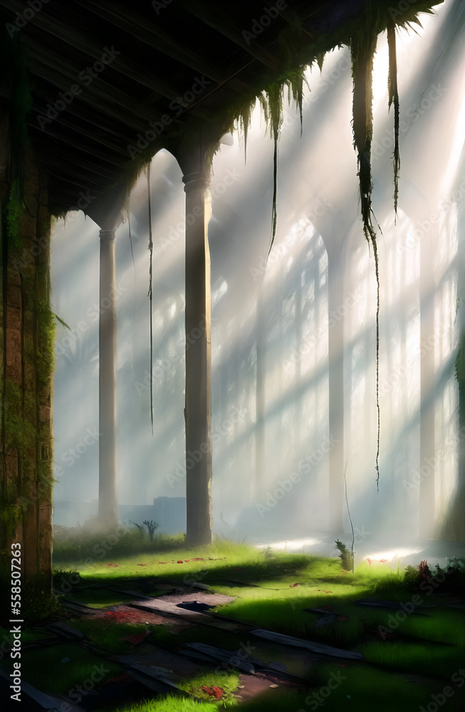 Post apocalyptic interior of the railway station: columns overgrown ...