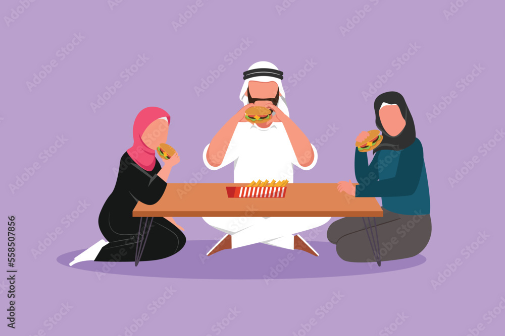 Graphic flat design drawing Arabian family with child eating hamburger ...