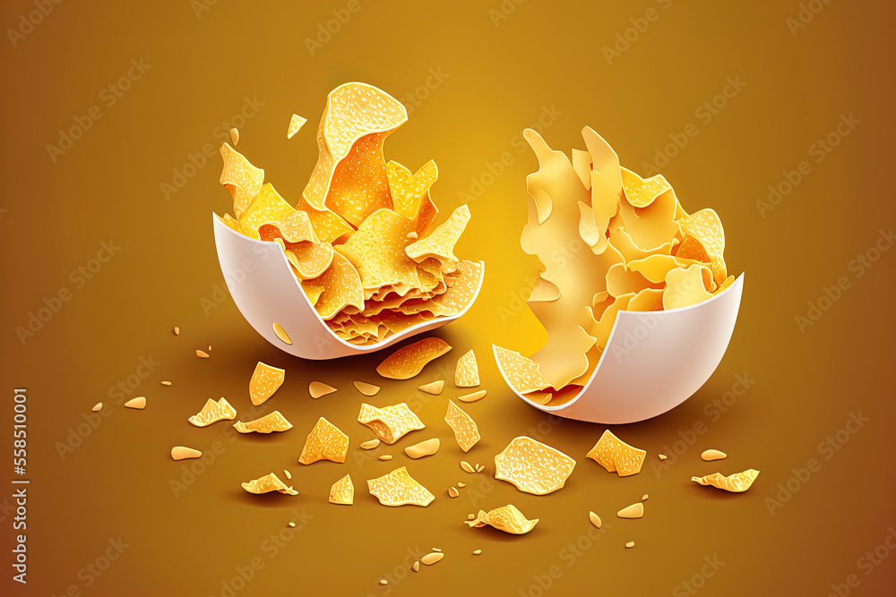 crumbs on broken and cracked potato chips. Crispy snack chip bits ...