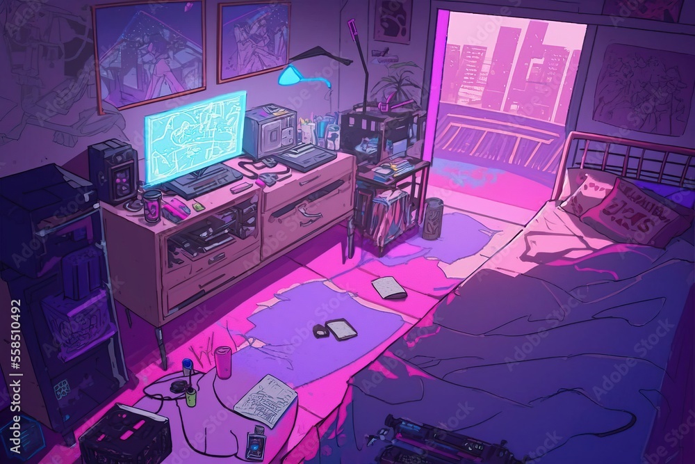 4K resolution or higher, city pop color ,messy room, game console, neon ...